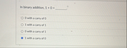 Solved In binary addition, 1 0=0 ﻿with a carry of 01 ﻿with a | Chegg.com