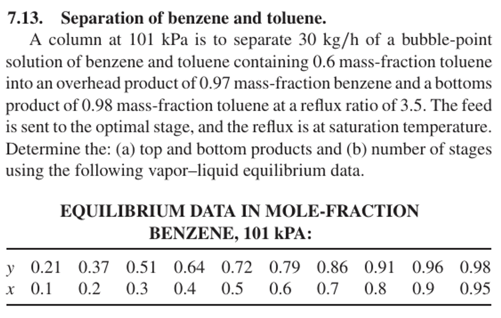 Solved 7.13. ﻿Separation of benzene and toluene. A column at | Chegg.com