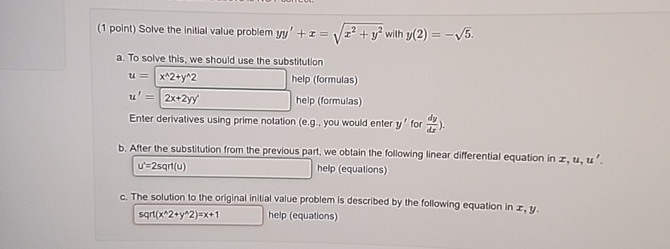 Solved (1 ﻿point) ﻿Solve the initial value problem | Chegg.com