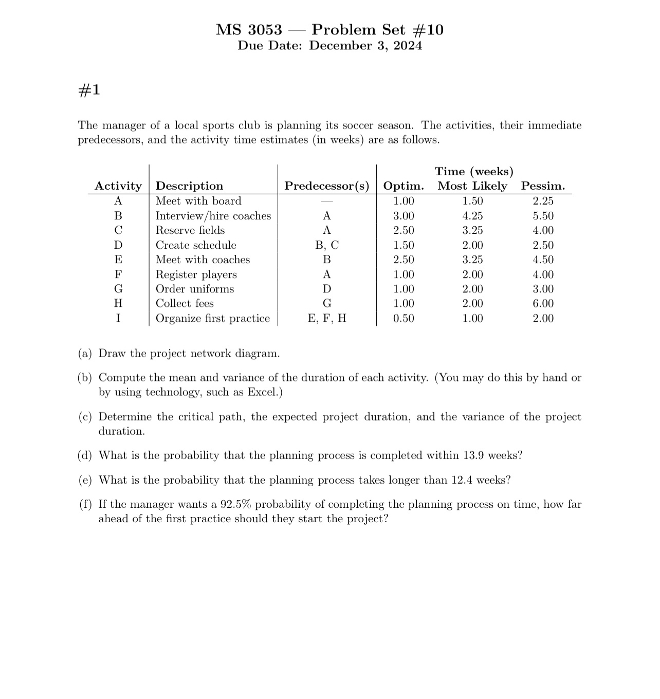 Solved MS 3053 - ﻿Problem Set #10Due Date: December | Chegg.com