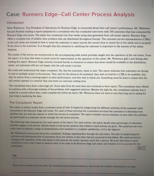 Solved Case: Runners Edge-Call Center Process Analysis | Chegg.com