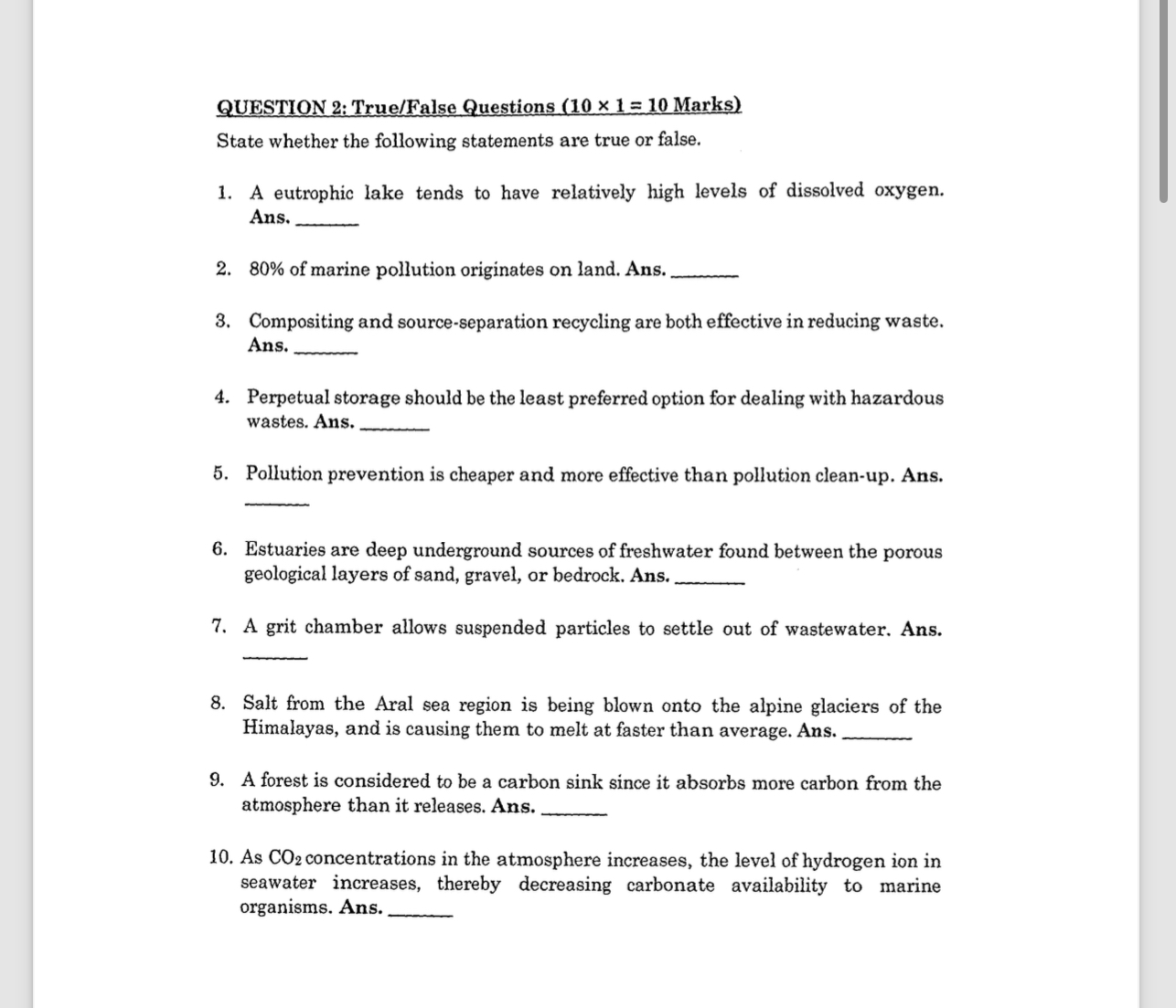 Solved QUESTION 2: True/False Questions ( 10×1=10 | Chegg.com
