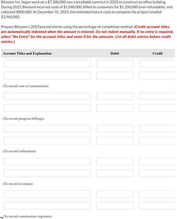Solved Blossom Inc. began work on a $7,500,000 | Chegg.com