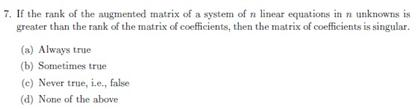 Solved If the rank of the augmented matrix of a system of n | Chegg.com