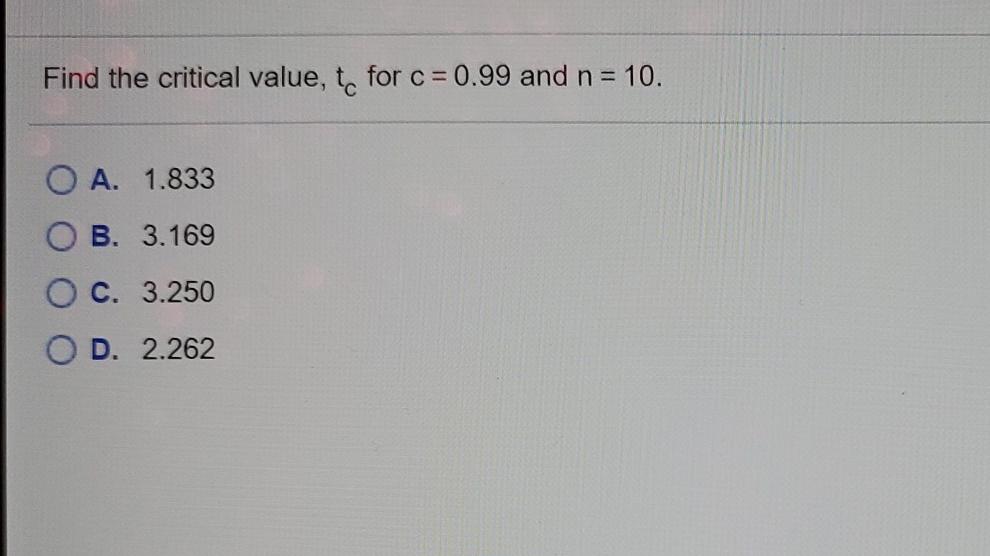Solved Find the critical value, tc for c = 0.99 and n = 10. | Chegg.com