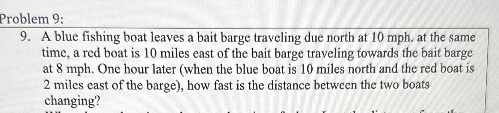 Solved Problem 9:9. ﻿A blue fishing boat leaves a bait barge | Chegg.com