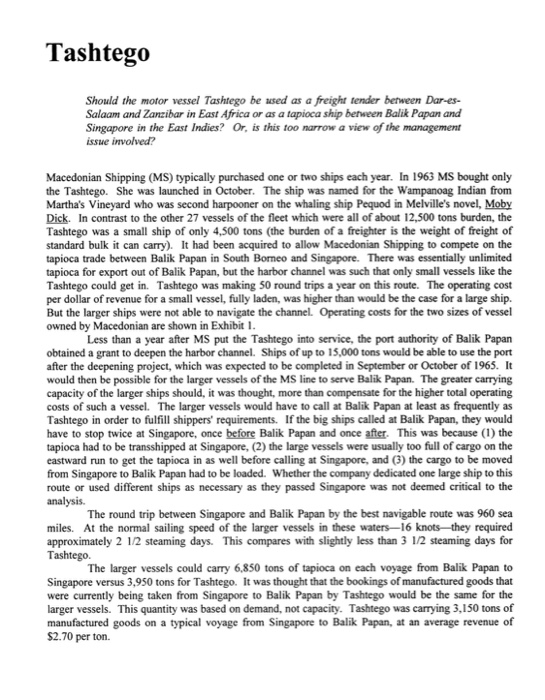 Tashtego Should the motor vessel Tashtego be used as | Chegg.com