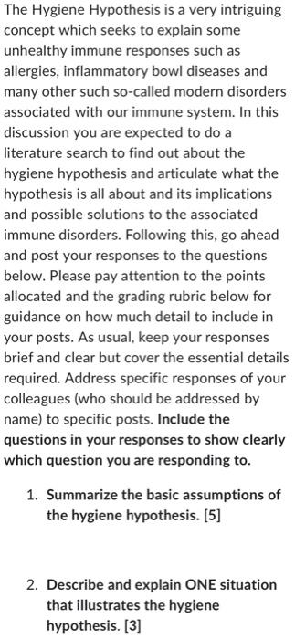 Solved The Hygiene Hypothesis is a very intriguing concept | Chegg.com