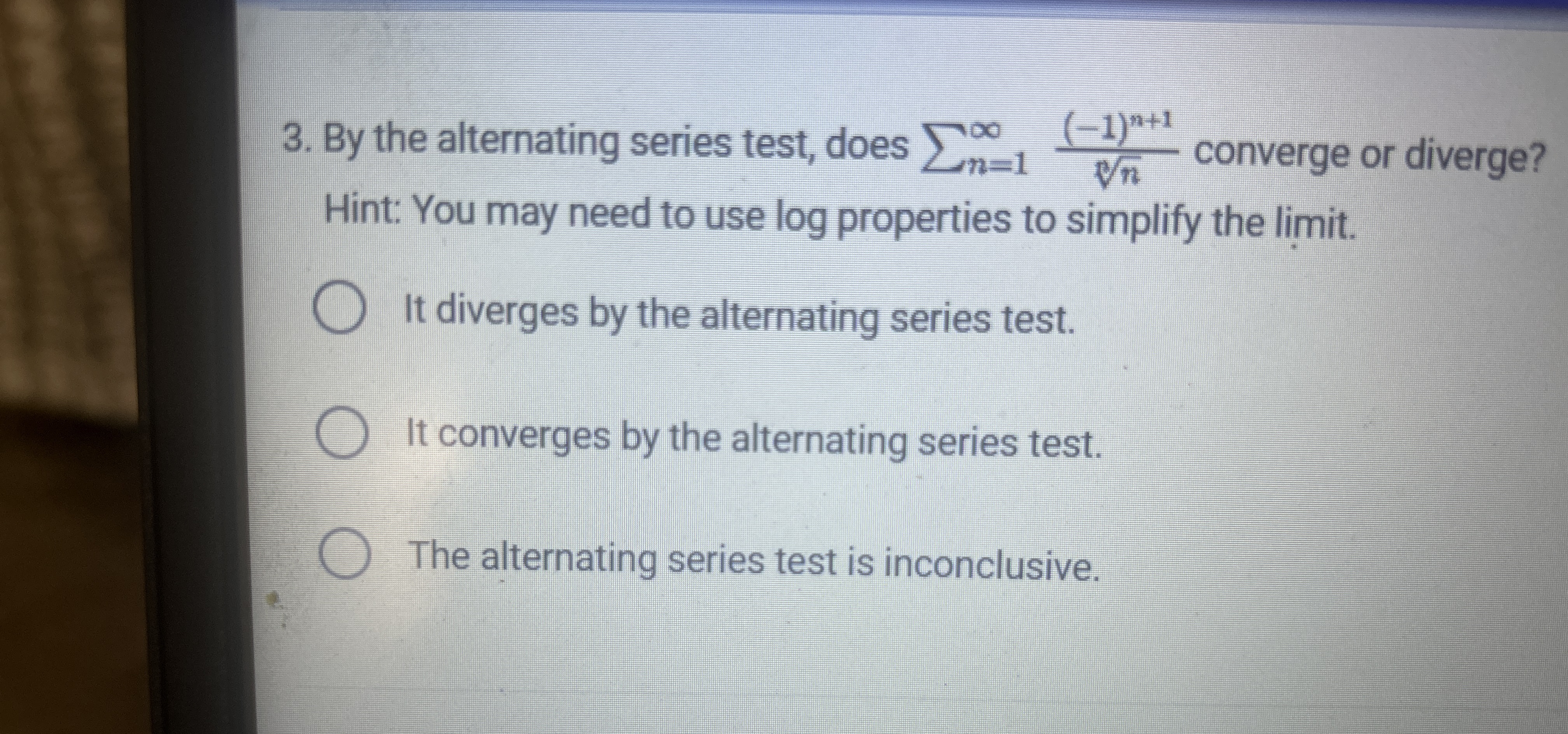 Solved By the alternating series test, does ∑n=1∞(-1)n+1n3 | Chegg.com