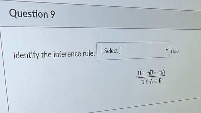 Solved Identify the inference rule: rule U+A→BU+¬B→¬A | Chegg.com