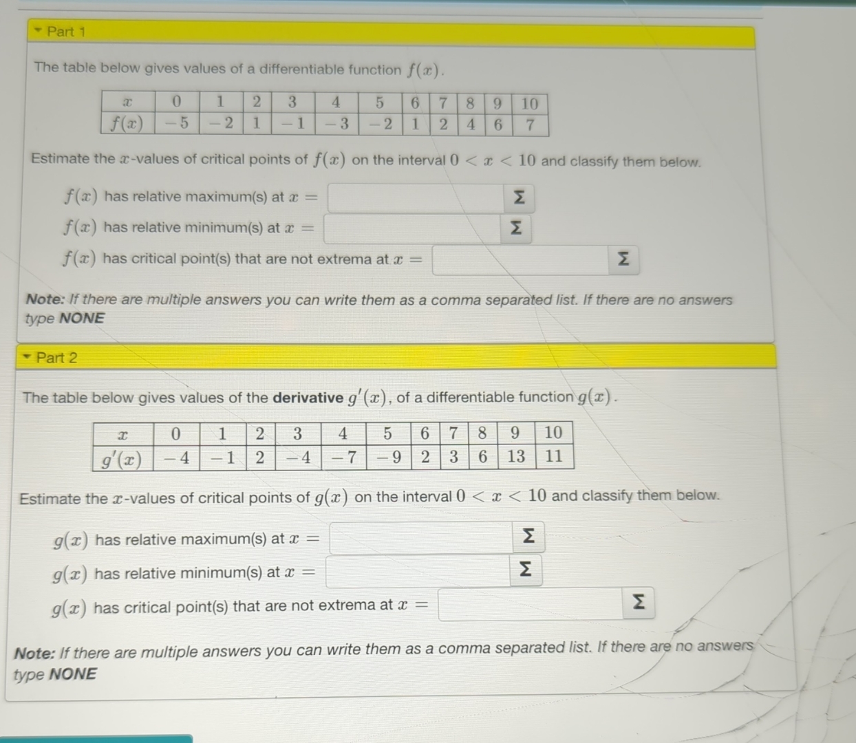 Solved Part 1The table below gives values of a | Chegg.com