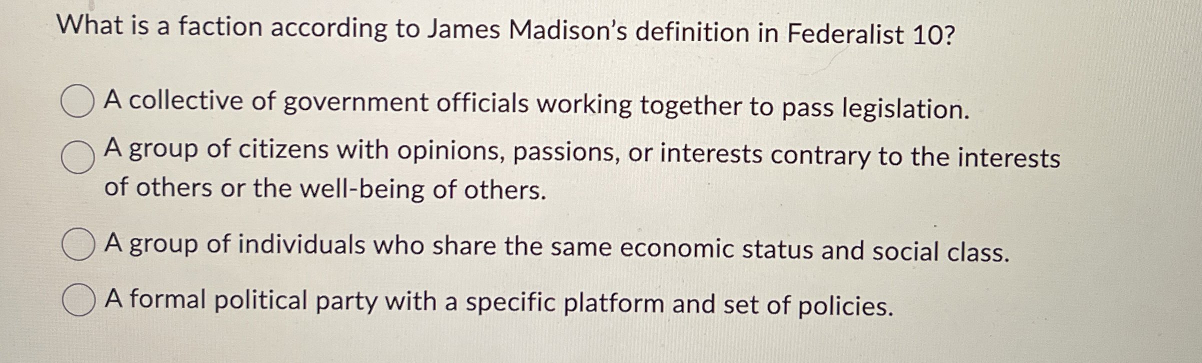 Solved What is a faction according to James Madison's | Chegg.com