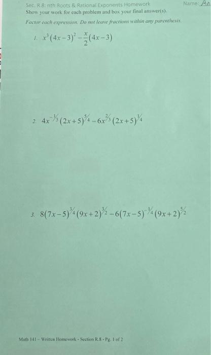 Solved Sec. R 8: nth Roots \& Rational Exponents Homework | Chegg.com