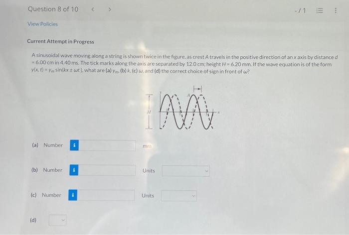 Solved A sinusoidal wave moving along a string is shown | Chegg.com