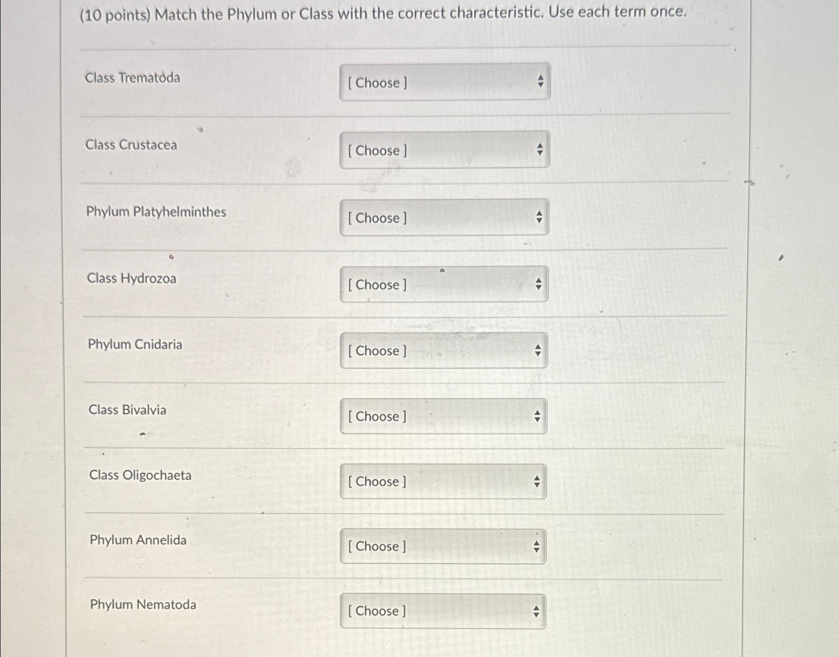 Solved (10 ﻿points) ﻿Match the Phylum or Class with the | Chegg.com