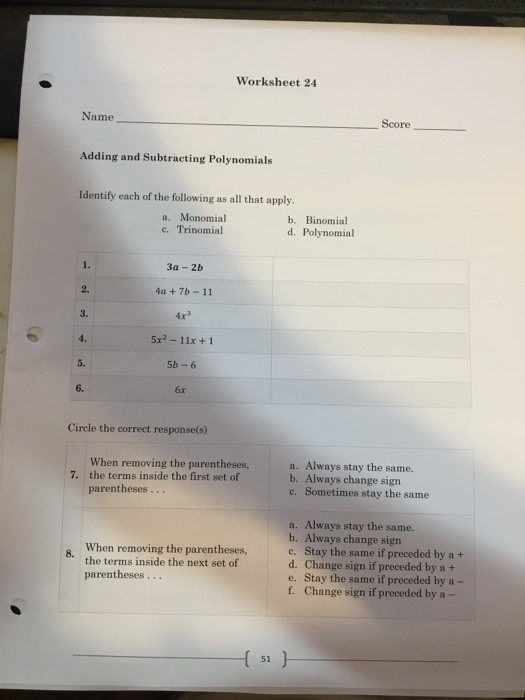 Solved Worksheet 24 Name Score Adding and Subtracting | Chegg.com