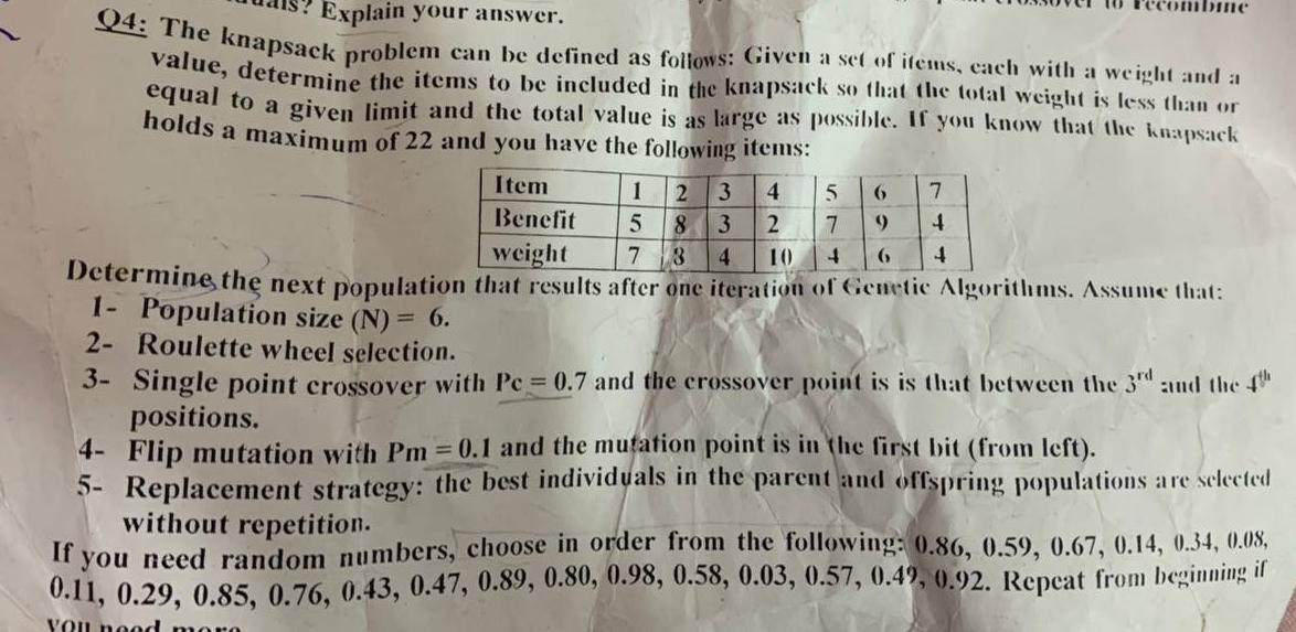 Solved Q4: The knapsack problem can be defined as follows: | Chegg.com