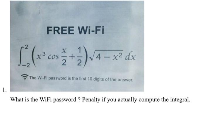 Solved FREE Wi-Fi ∫−22(x3cos2x+21)4−x2dx The Wi-Fi password | Chegg.com