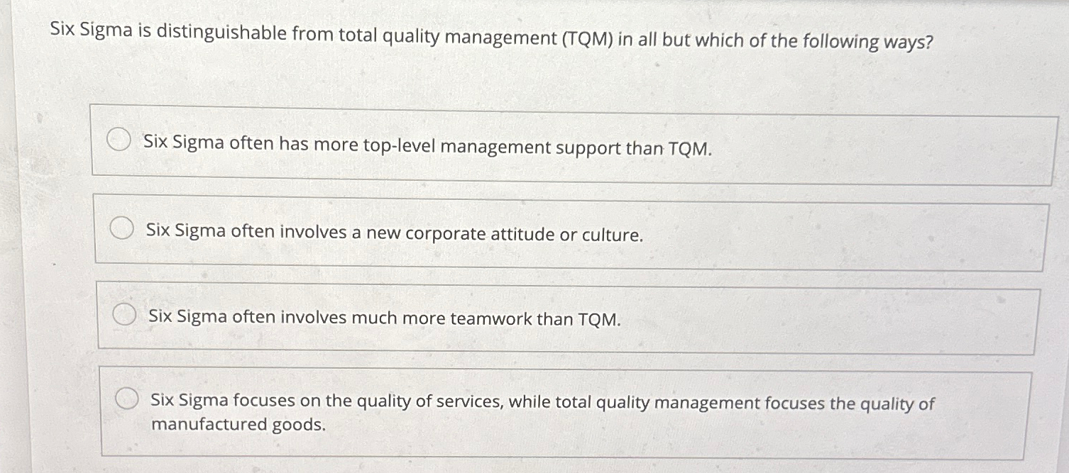Solved Six Sigma is distinguishable from total quality | Chegg.com