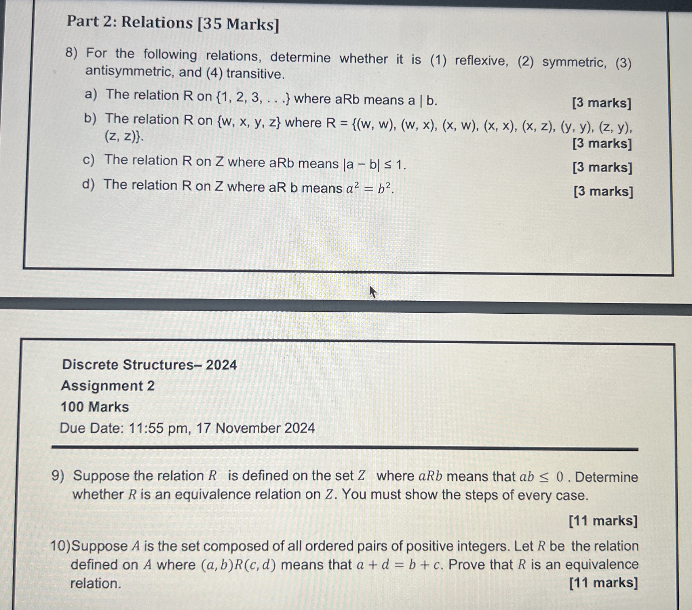 Solved Part 2: Relations [35 ﻿Marks]For the following | Chegg.com