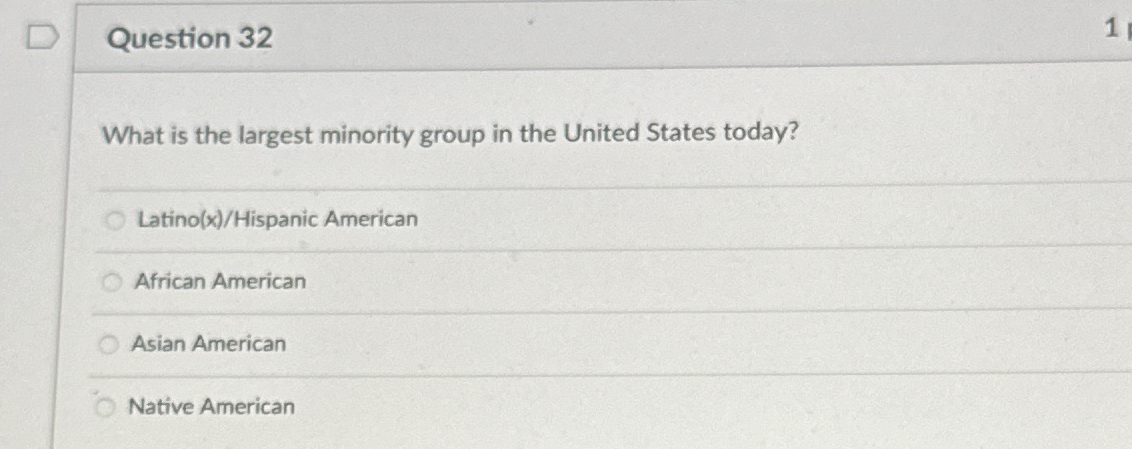 Solved Question 32What is the largest minority group in the | Chegg.com
