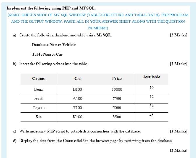 Solved Implement the following using PHP and MYSQL. (MAKE | Chegg.com
