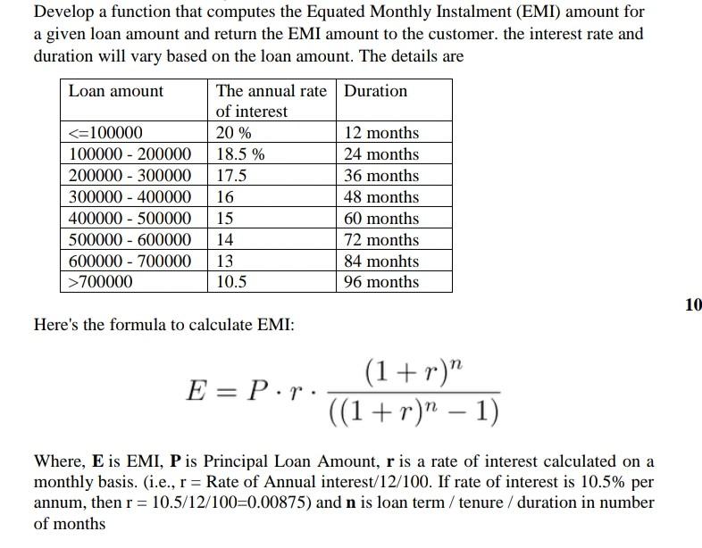 Solved Develop a function that computes the Equated Monthly | Chegg.com
