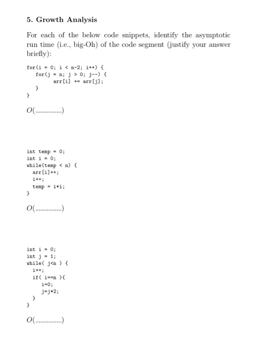 Solved 5. Growth Analysis For each of the below code | Chegg.com