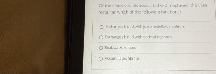 Solved Of the blood vessels associated with nephrons, the | Chegg.com