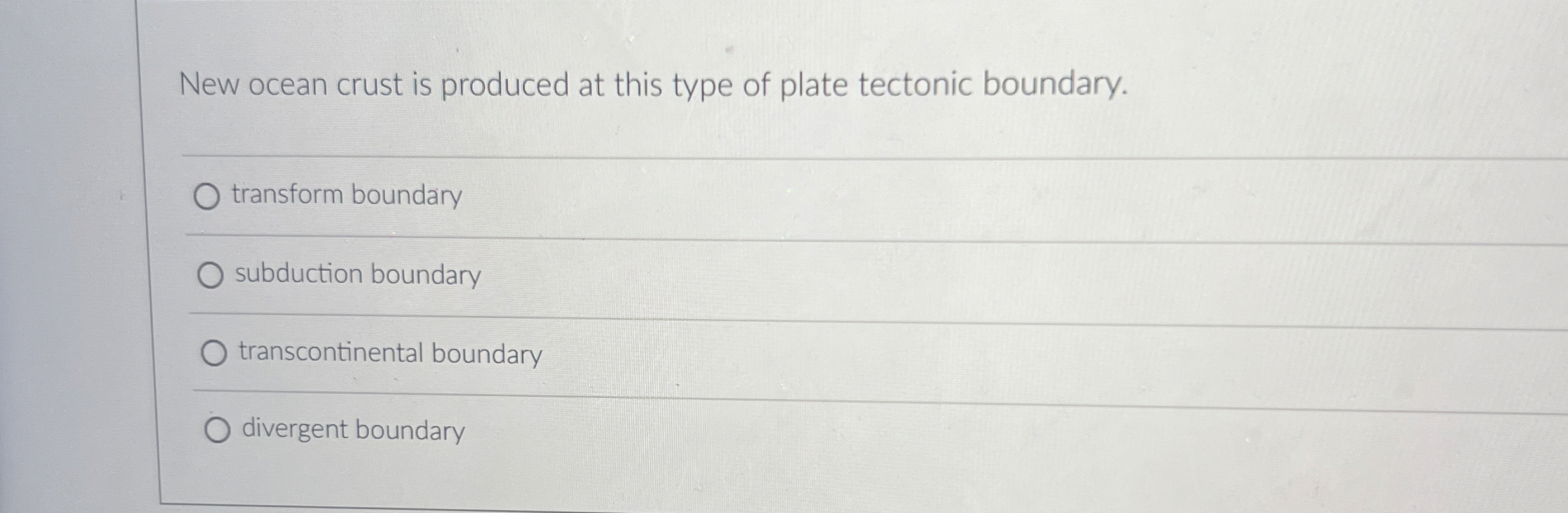 Solved New ocean crust is produced at this type of plate | Chegg.com