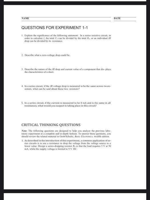 Solved EXPERIMENT 1-1 SERIES CIRCUITS-ANALYSIS LEARNING | Chegg.com