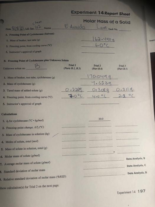 Solved Experiment 14 Report Sheet Molar Mass of a Solid | Chegg.com