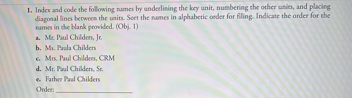 Solved Index and code the following names by underlining the | Chegg.com