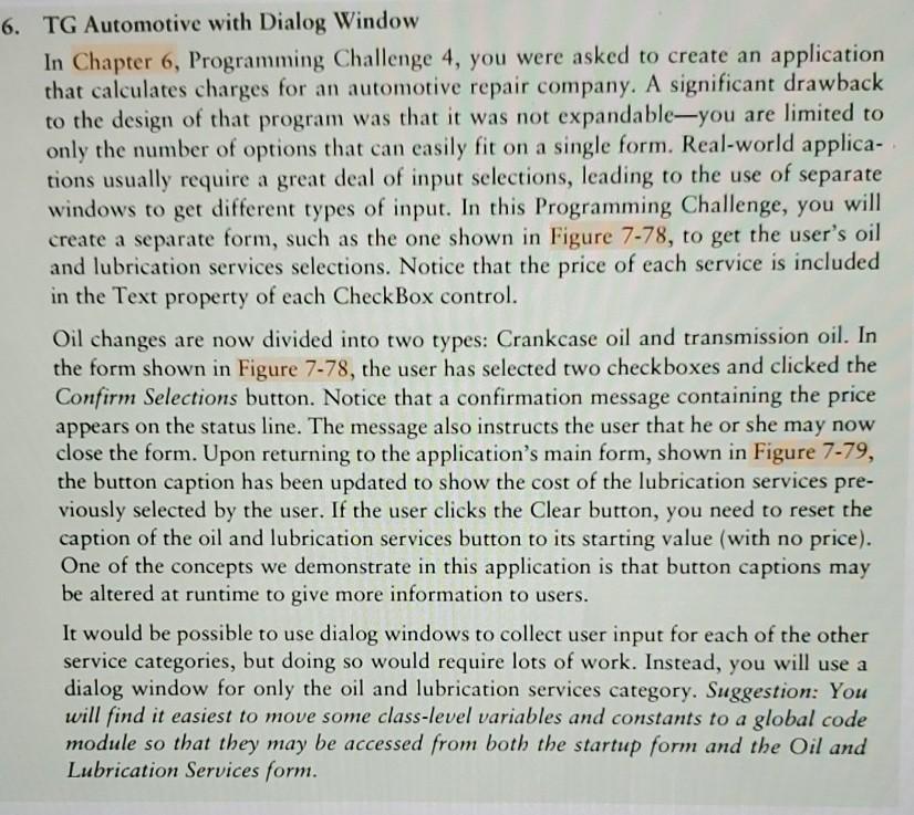 Solved 6. TG Automotive with Dialog Window In Chapter 6, | Chegg.com