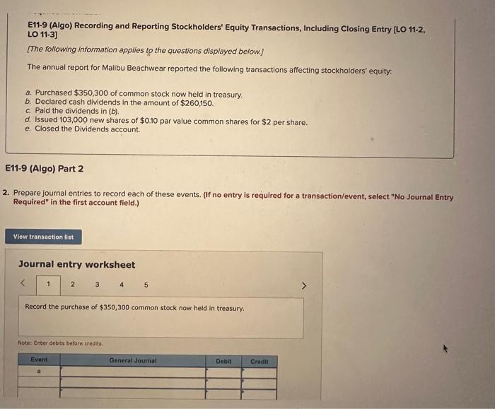 Solved Required information E11-9 (Algo) Recording and | Chegg.com