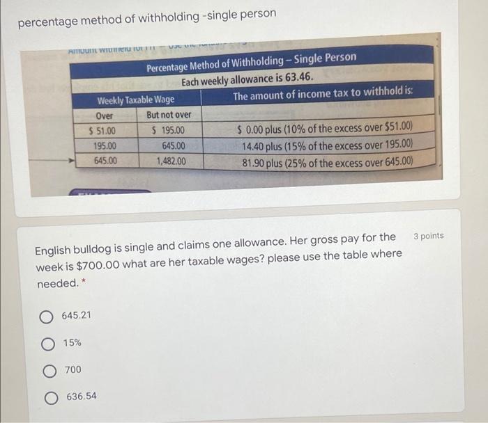 Solved percentage method of withholding -single person | Chegg.com