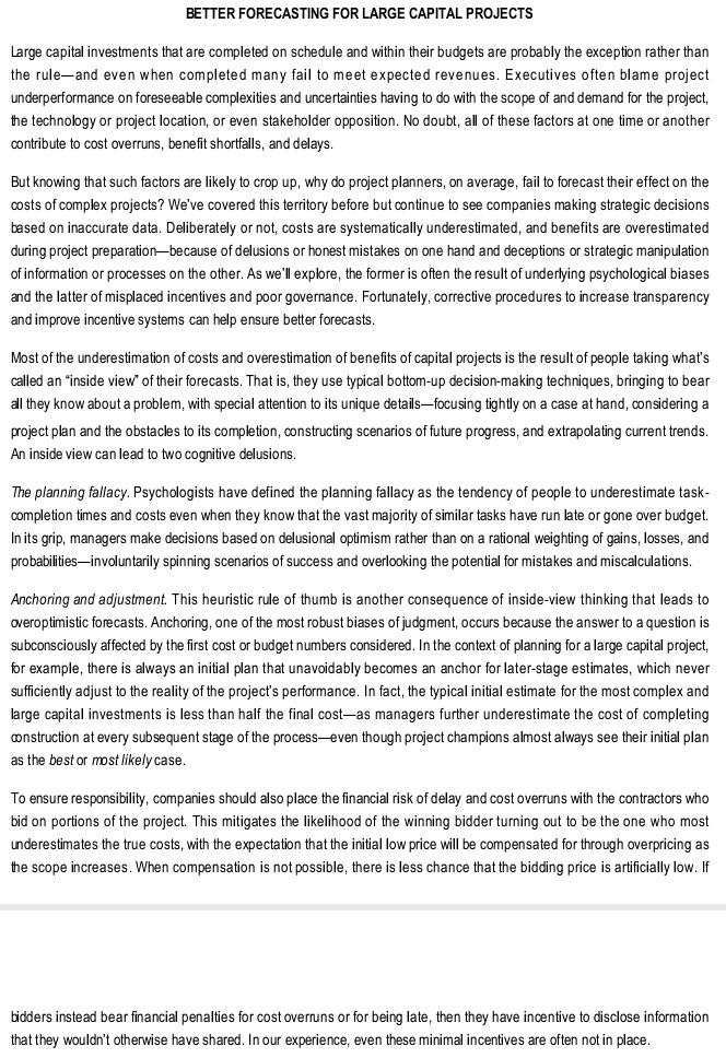 Solved BETTER FORECASTING FOR LARGE CAPITAL PROJECTS Large | Chegg.com