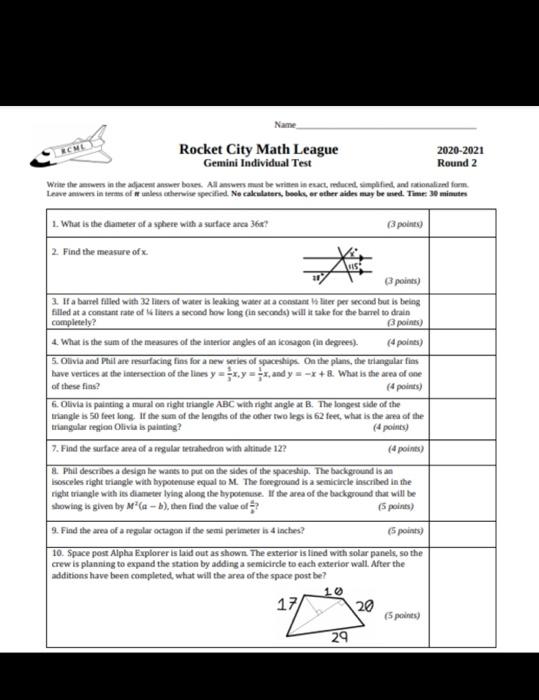 RCML Rocket City Math League 2020-2021 Mercury | Chegg.com