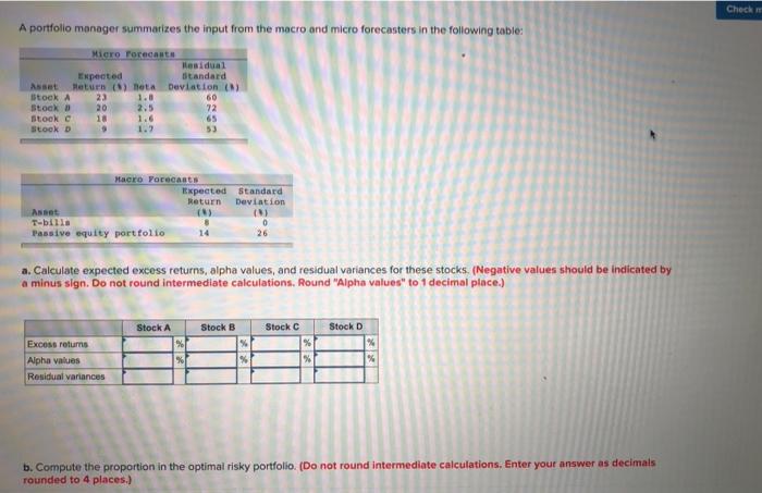 Solved Check A portfolio manager summarizes the input from | Chegg.com