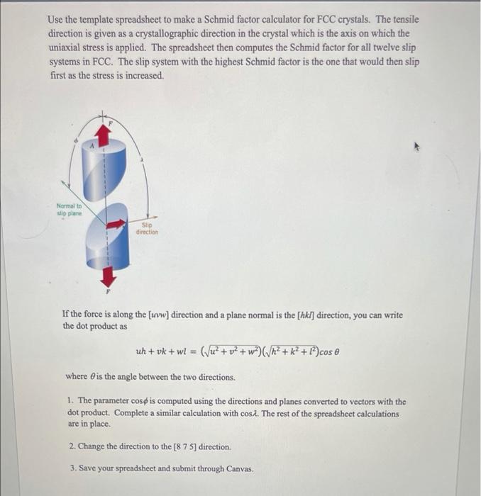 Use the template spreadsheet to make a Schmid factor | Chegg.com