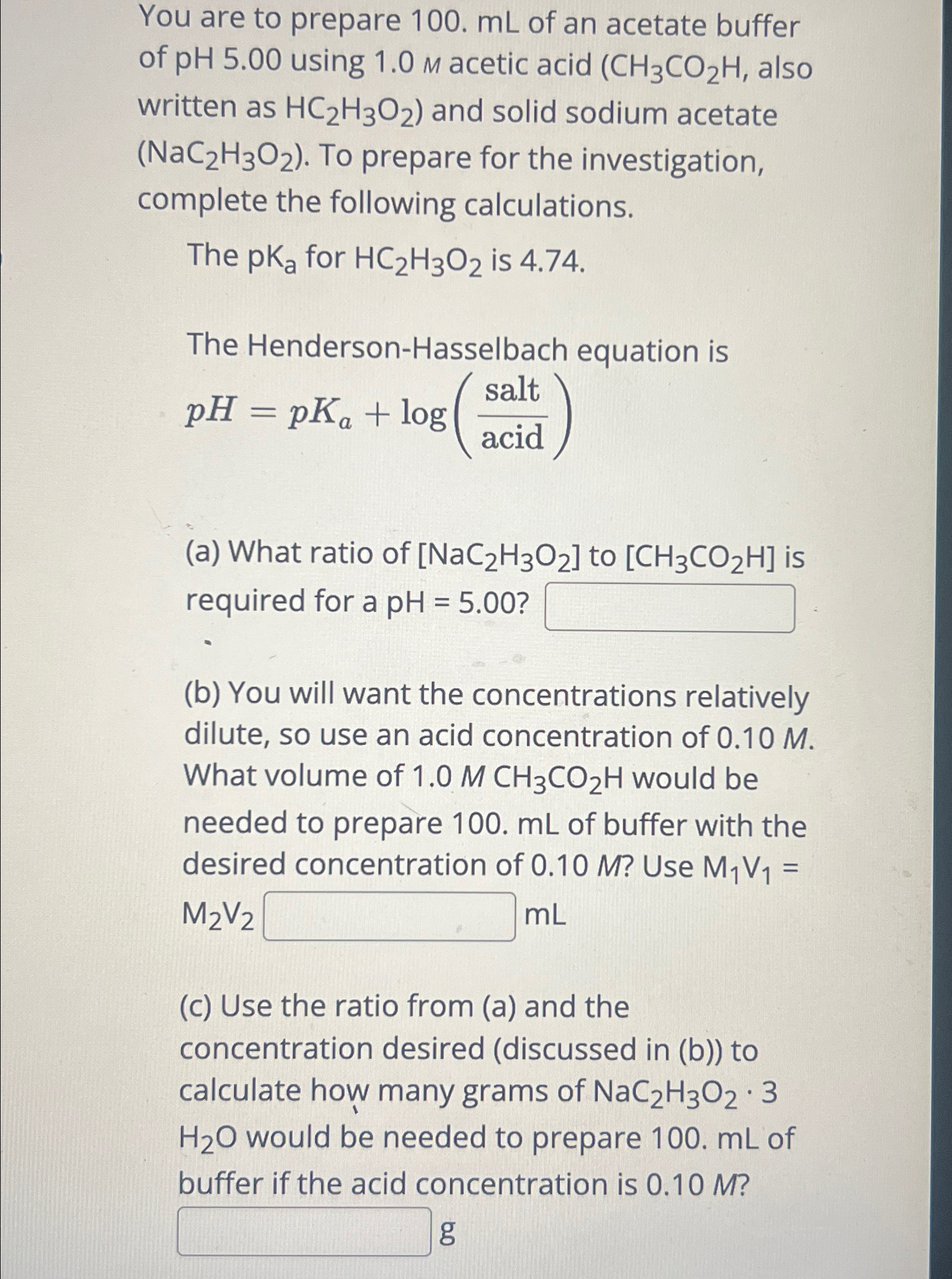 Solved You are to prepare 100. mL ﻿of an acetate buffer of | Chegg.com