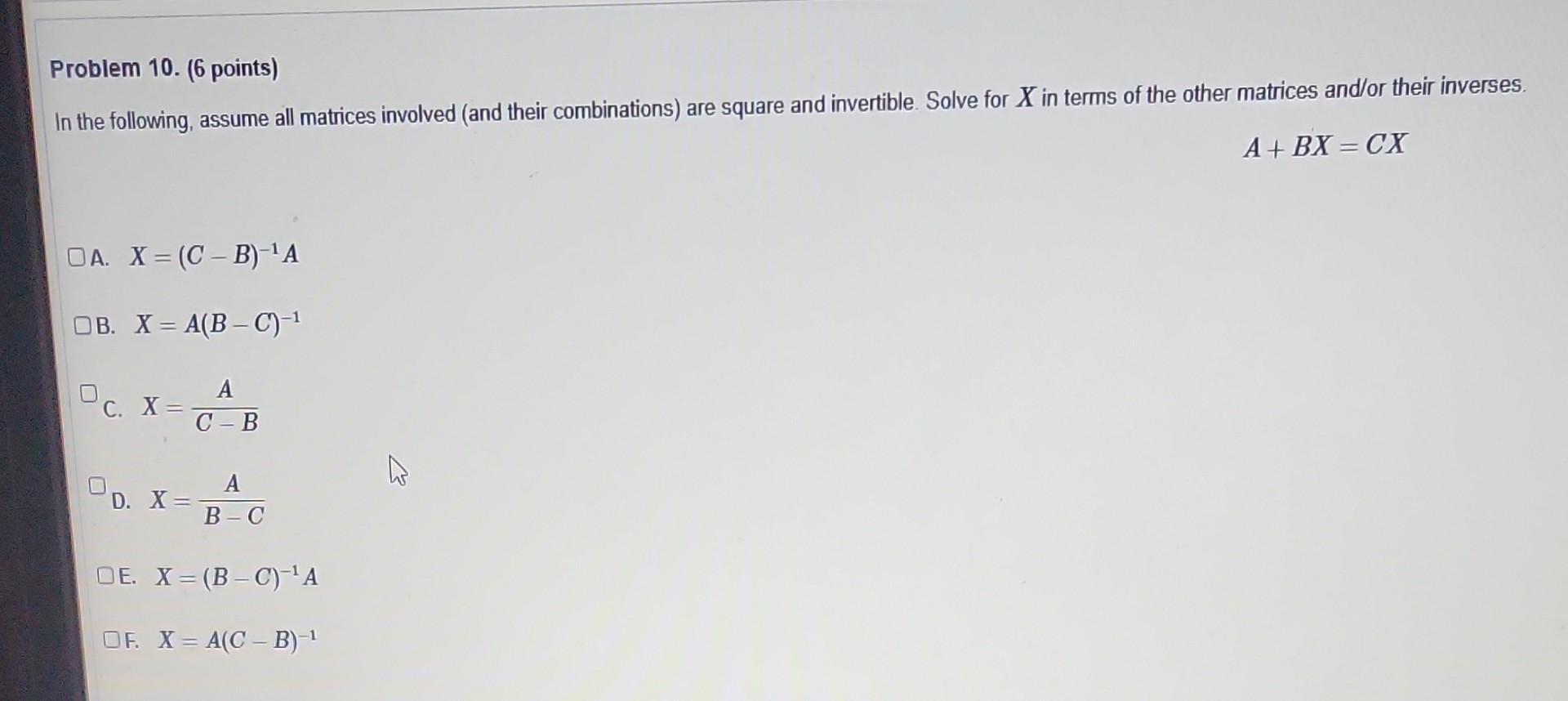 Solved Problem 10. (6 points) In the following, assume all | Chegg.com
