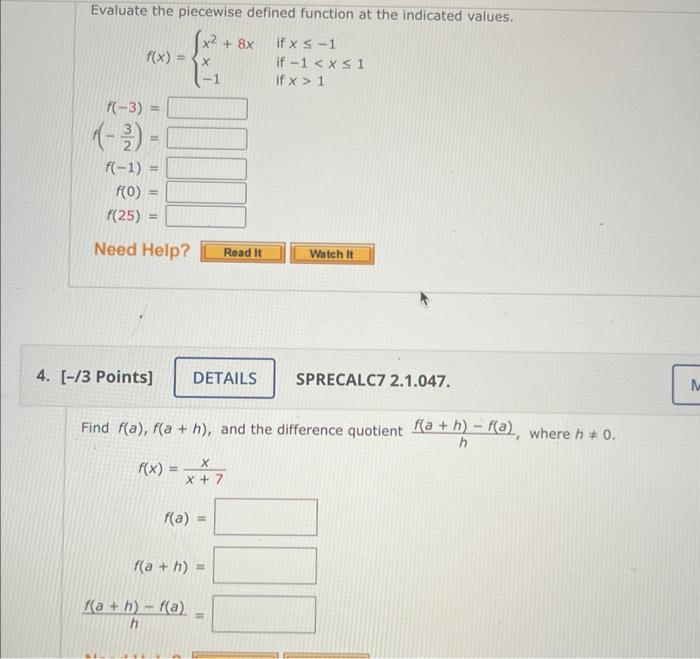 Solved Evaluate the piecewise defined function at the | Chegg.com