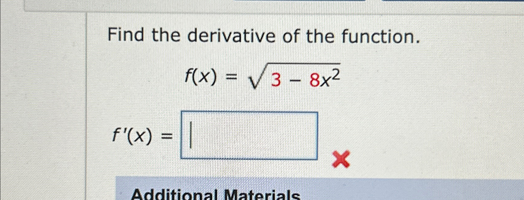 Solved Find the derivative of the function.f(x)=3-8x22f'(x)= | Chegg.com