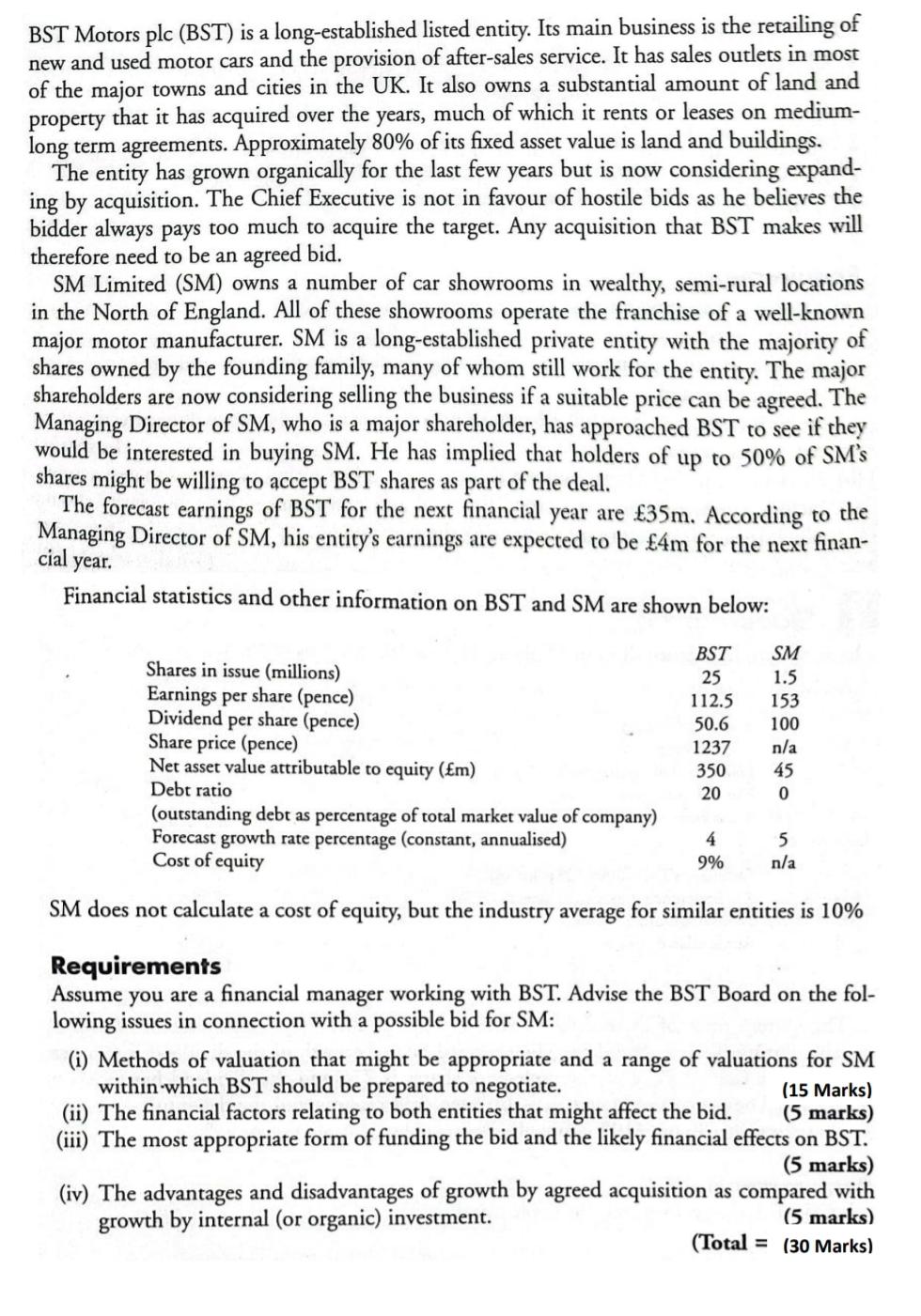 Solved BST Motors plc (BST) ﻿is a long-established listed | Chegg.com