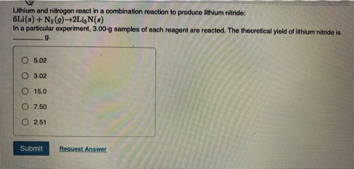 Solved Lithium and nitrogen react in a combination reaction | Chegg.com