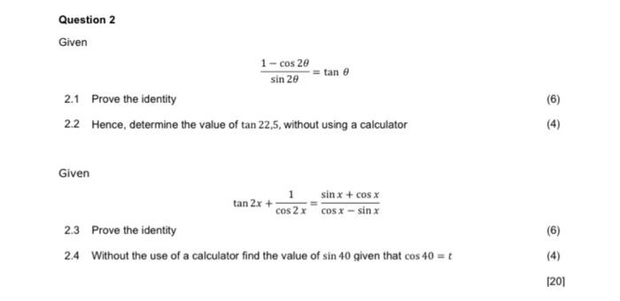 Solved \\[ \\frac{1-\\cos 2 \\theta}{\\sin 2 \\theta}=\\tan | Chegg.com