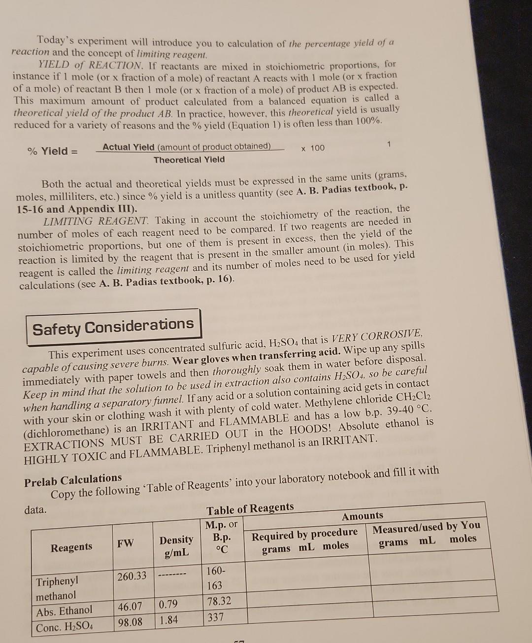 Prelab Calculations Copy the following 'Table of | Chegg.com