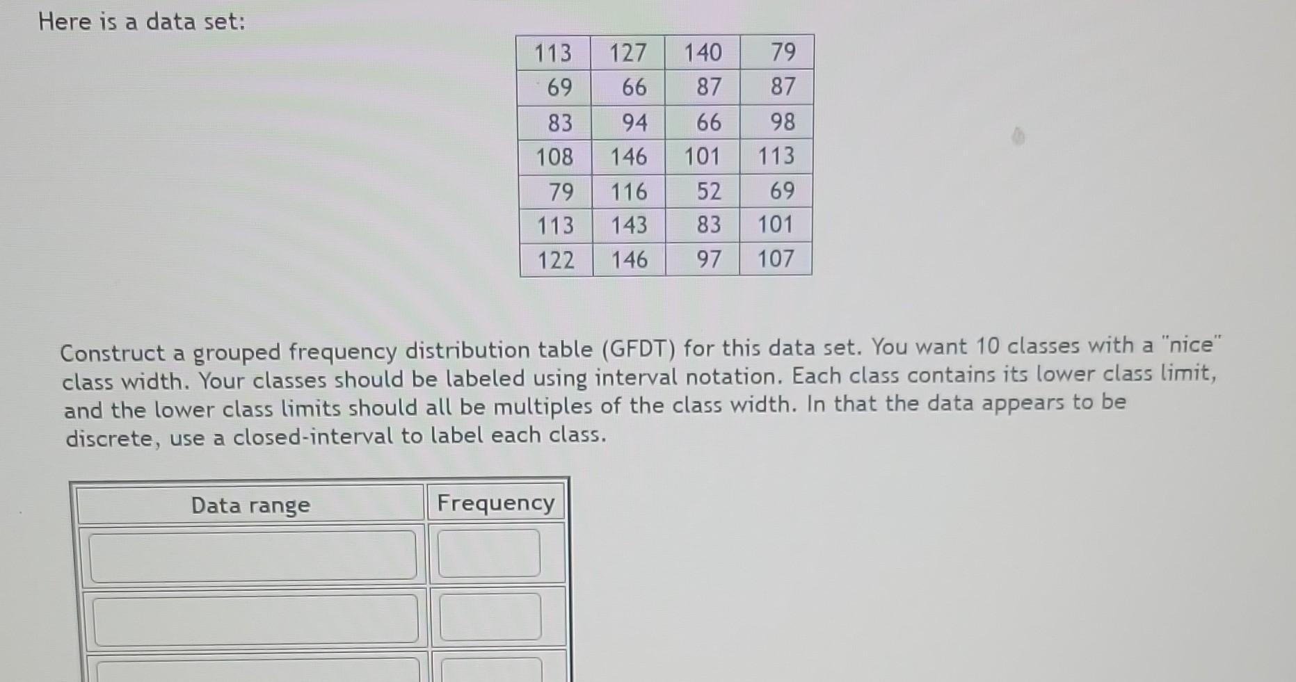 Solved Here is a data set: Construct a grouped frequency | Chegg.com