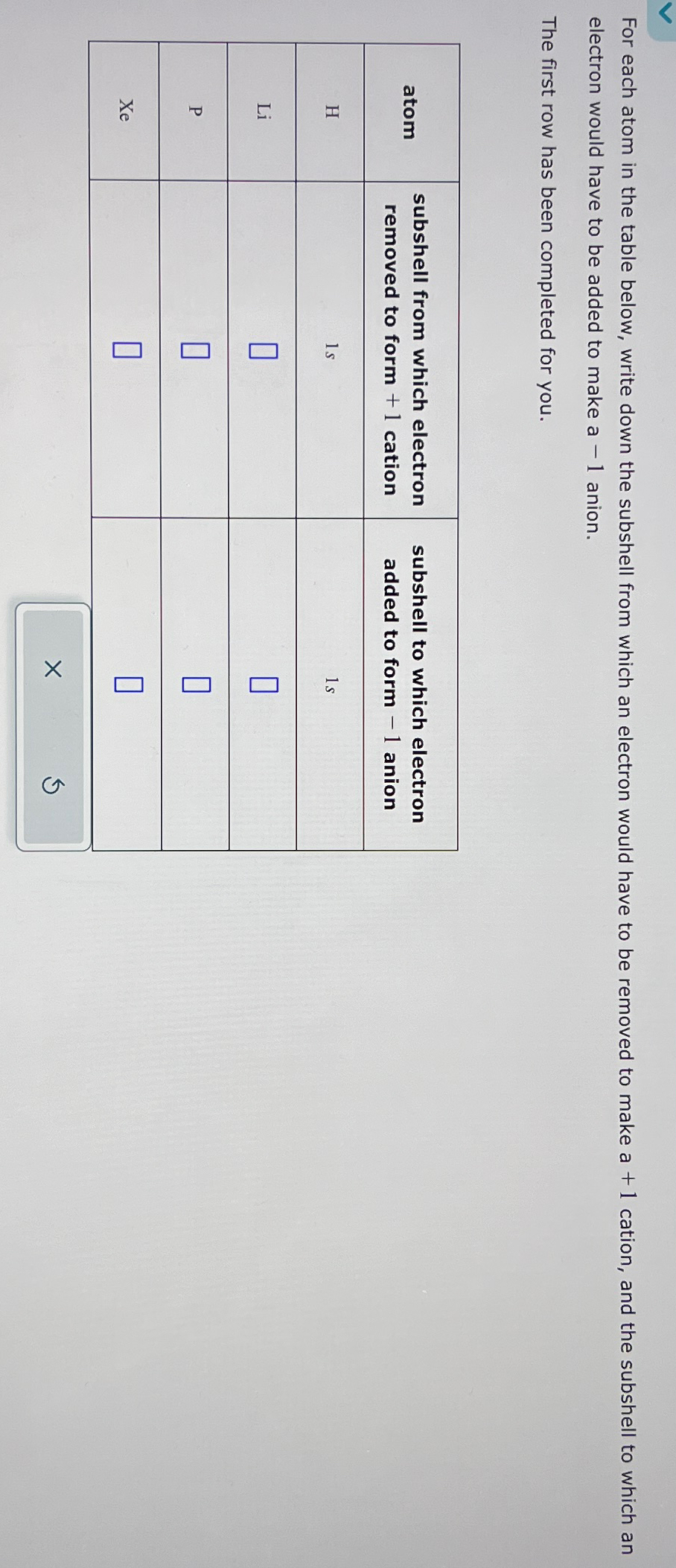 Solved For each atom in the table below, write down the | Chegg.com